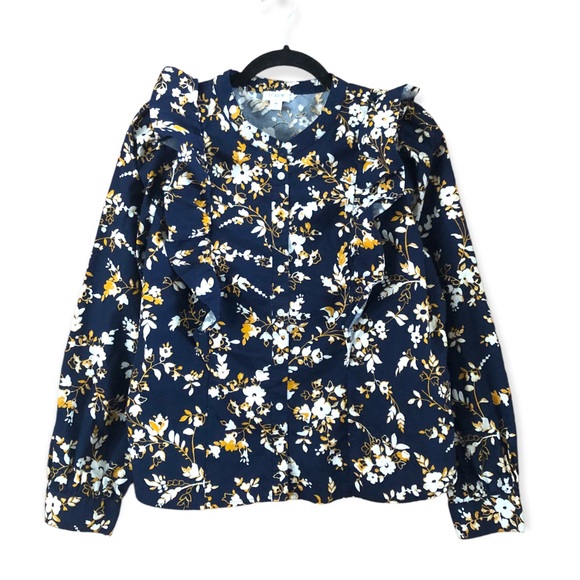 J. Crew Factory | Tops | J Crew Factory Cotton Poplin Ruffle Top Button Up Antique Navy Ecru ...